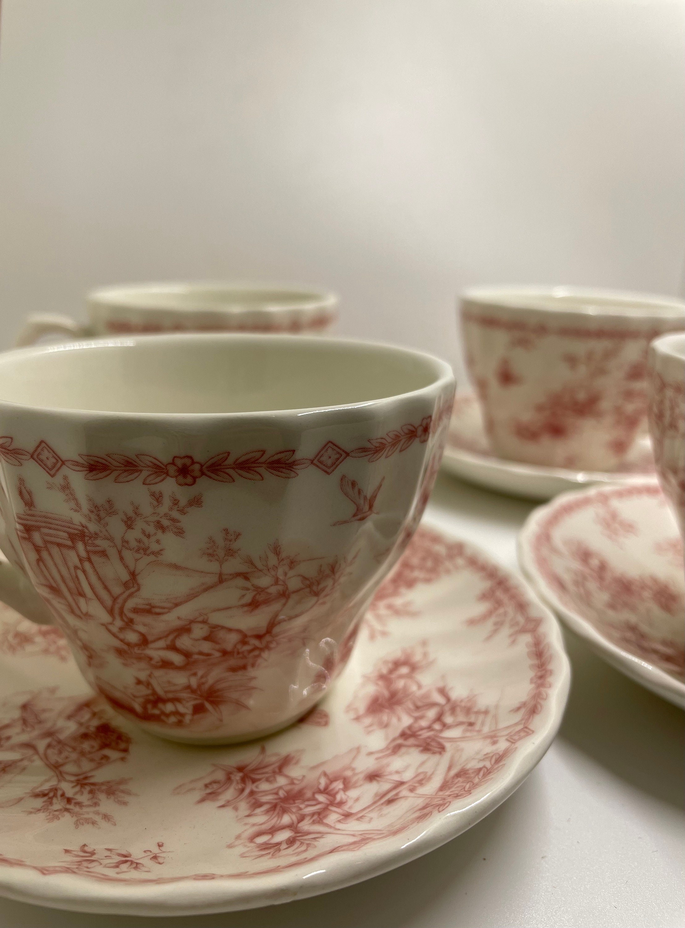 Queens Chelsea Toile Pink Tea Set for 4/4 Teacups and Saucers/ Teapot ...