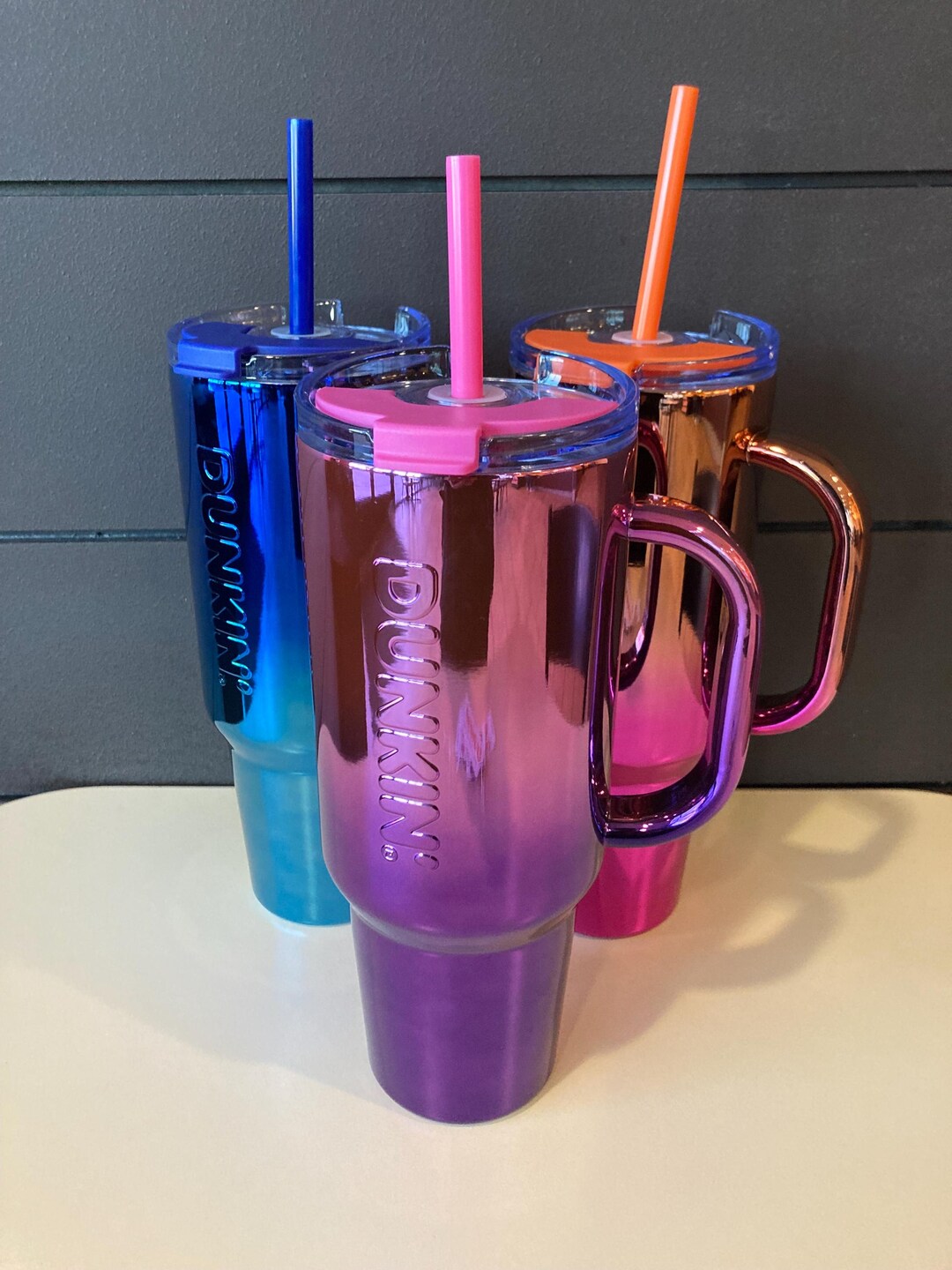 Dunkin Donuts 40oz Iridescent Stainless Sipper With Handle Orange Pink ...