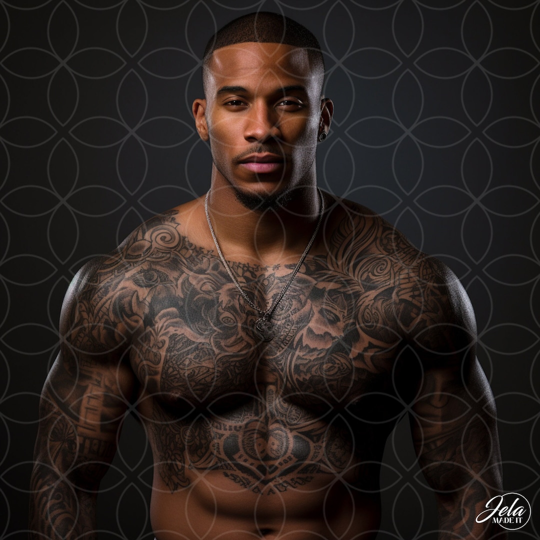 Muscular Body Builder African American Black Man With Tattoos Stock ...