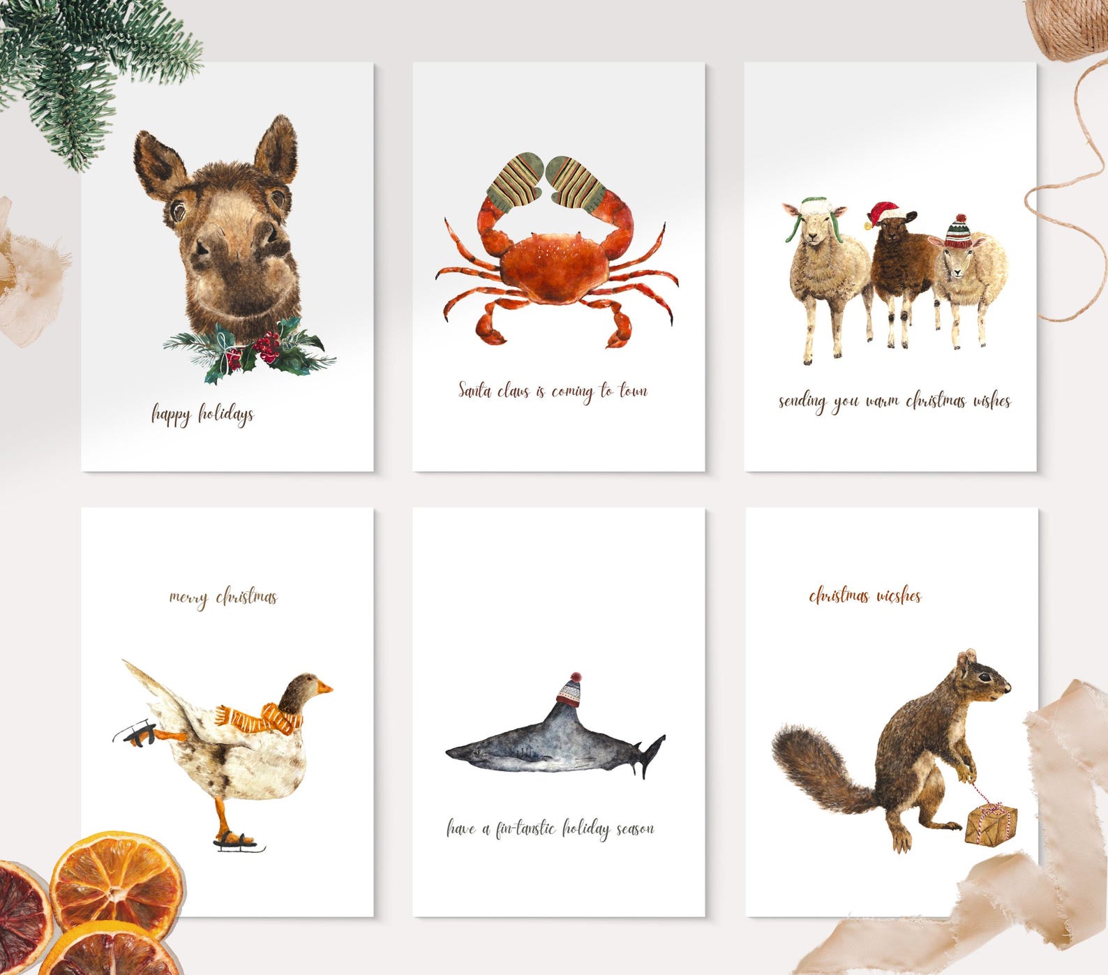 Christmas Card Animal, Funny Animal Christmas Cards, Animal Watercolor ...