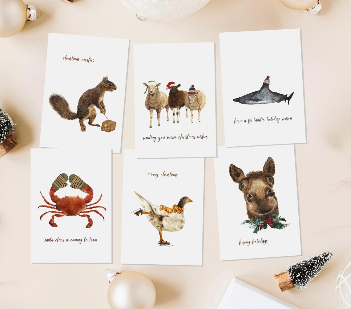Christmas Card Animal, Funny Animal Christmas Cards, Animal Watercolor ...