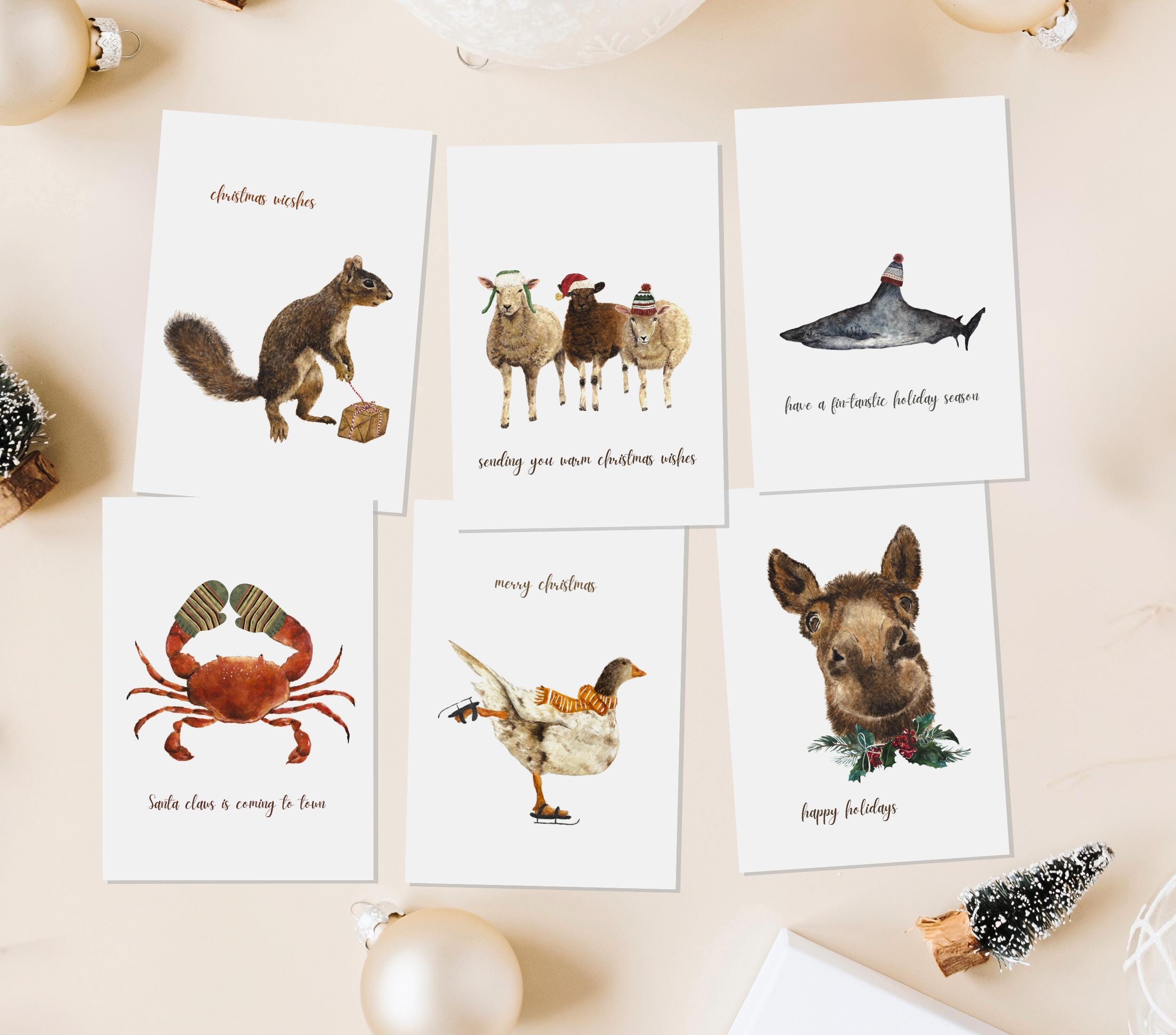 Christmas Card Animal, Funny Animal Christmas Cards, Animal Watercolor ...