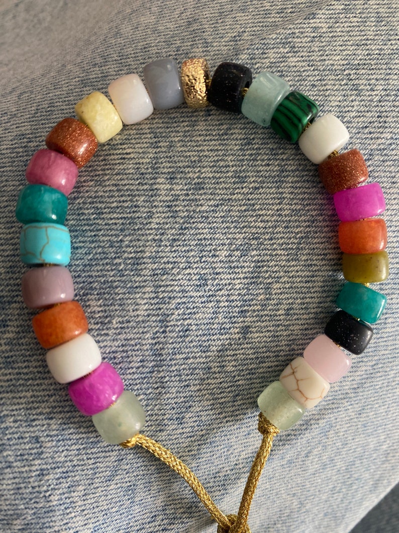 Multi-colored Gemstone Bead Bracelet: Hand-tied Cord, Gold Accents ...