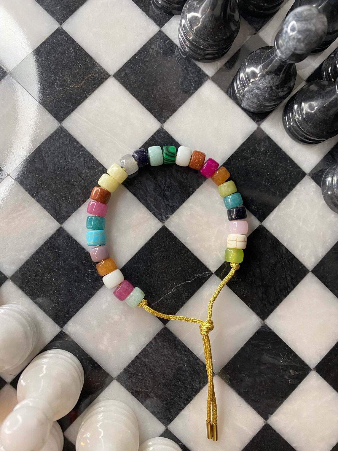 Multi-colored Gemstone Bead Bracelet: Hand-tied Cord, Gold Accents ...