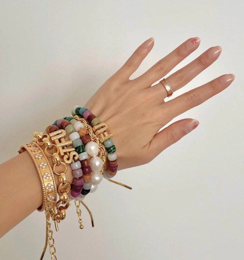 Multi-colored Gemstone Bead Bracelet: Hand-tied Cord, Gold Accents ...