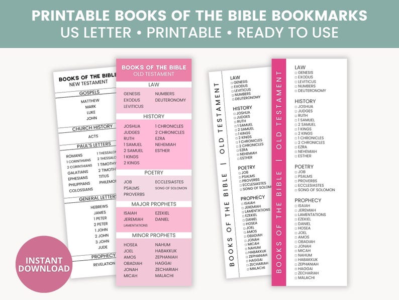 Pink Books of the Bible Printable Bookmarks | Bible Study Bookmarks ...