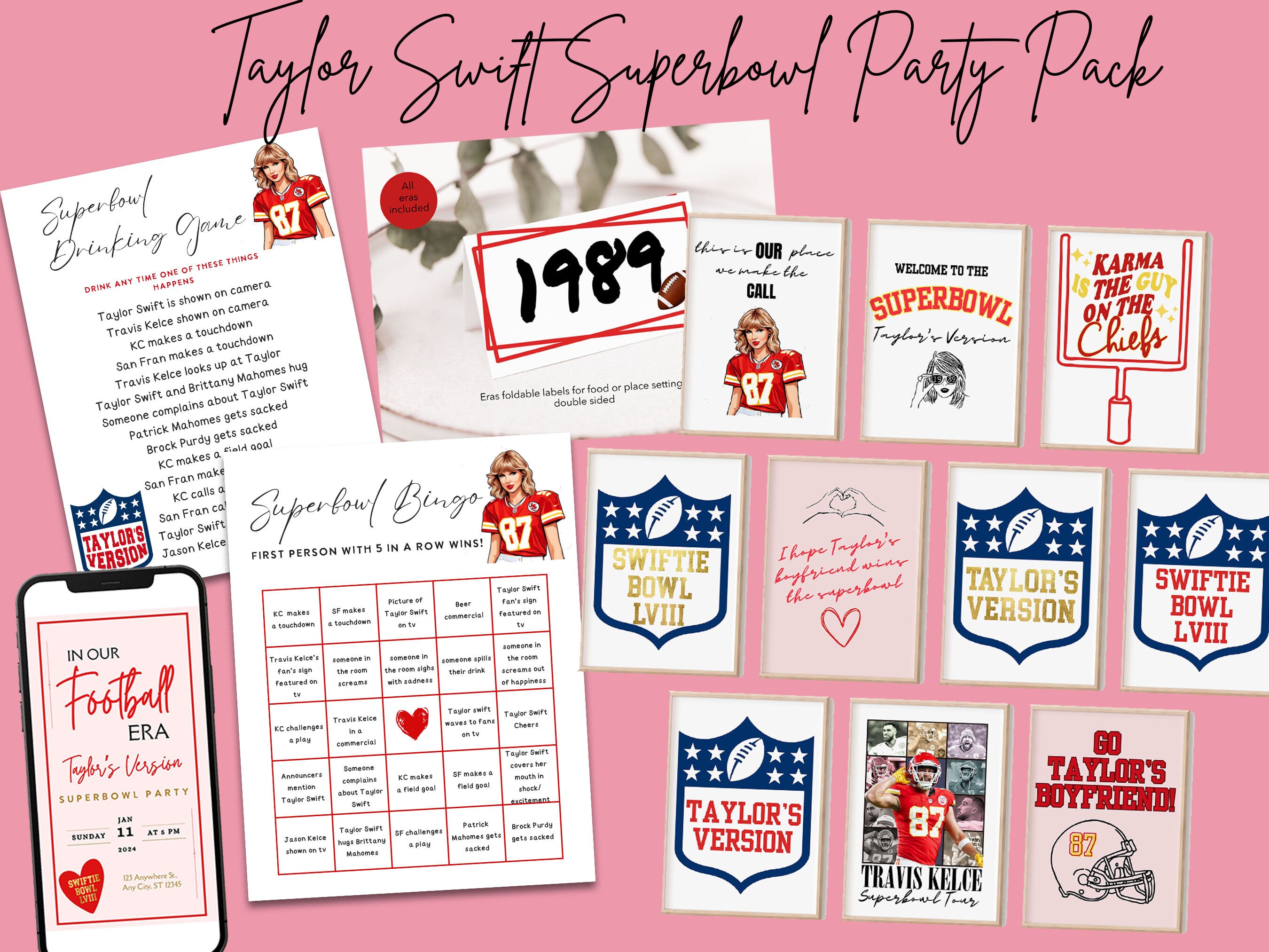Taylor Swift Swiftie Bowl Party Pack Taylor Swift Super Bowl Prints T ...