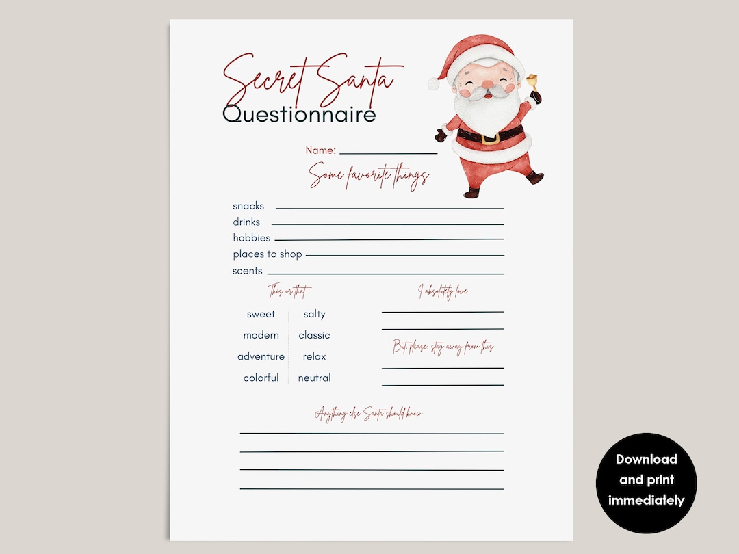 Secret Santa Questionnaire Secret Santa Exchange Form Secret Santa Info ...