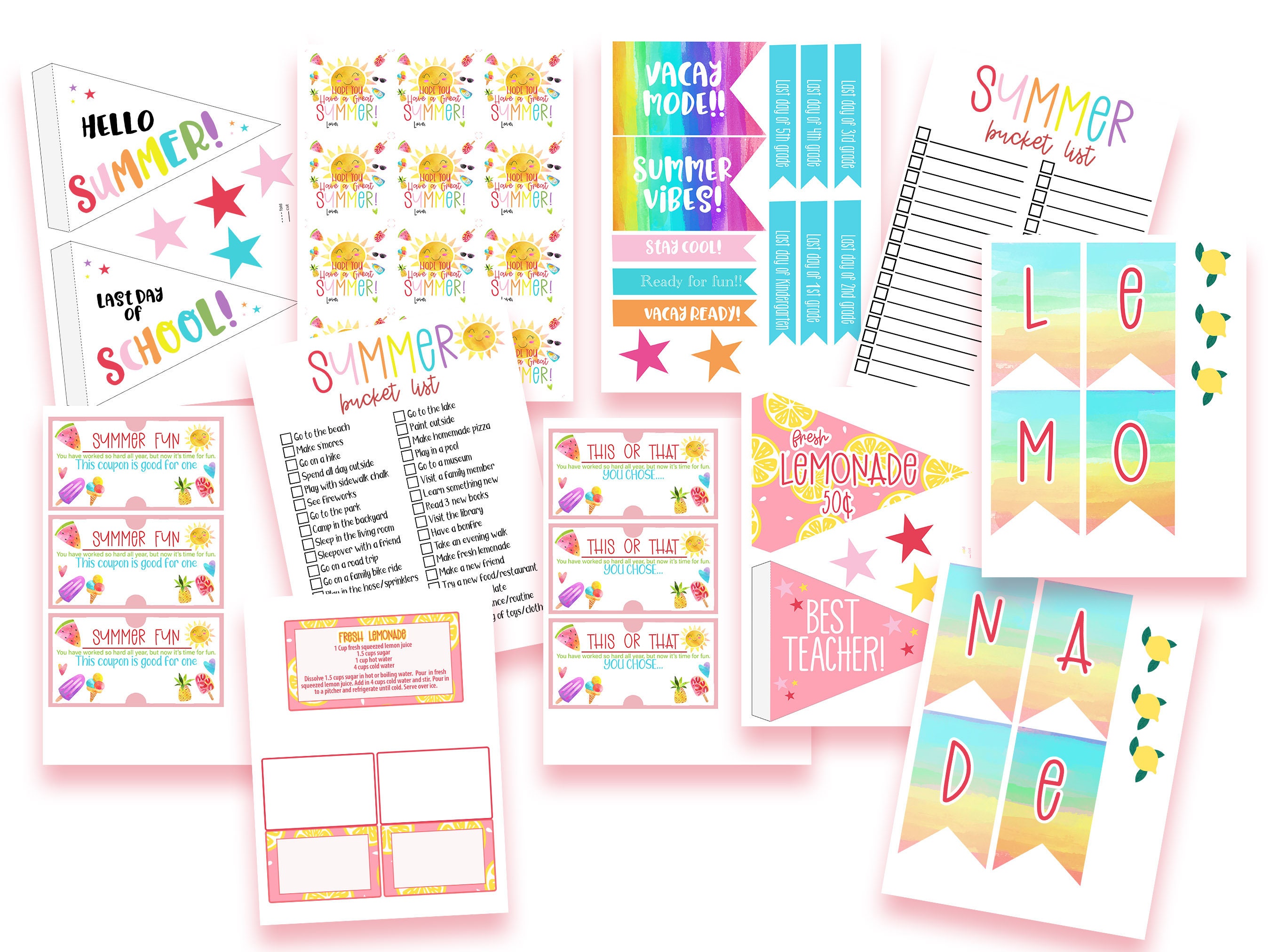 Summer Bundle End of School Year Pennant Flag Gift Tags Lemonade Stand ...