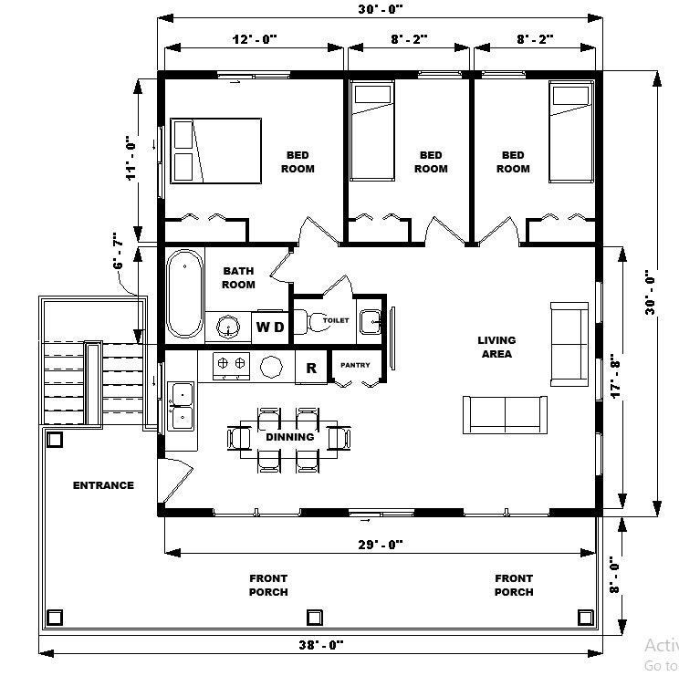38' X 38' Stunning Modern House Plan 3 Bedroom 1 Bathroom With Free CAD ...