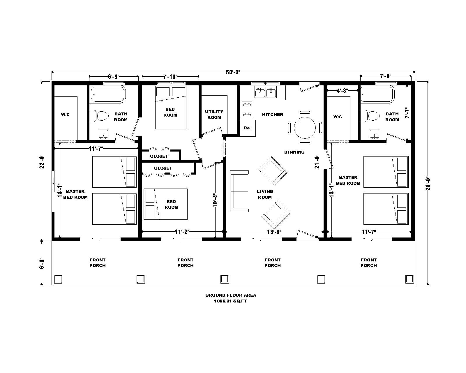 55'x28' Modern House Plan 4 Bedroom & 2 Bathroom With Original CAD File ...