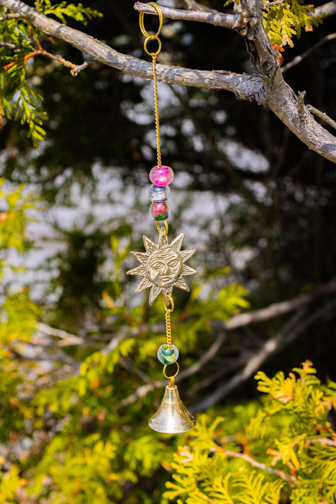 Vintage Solid Brass Sun Wind Chime With Glass Beads, Handmade in India ...