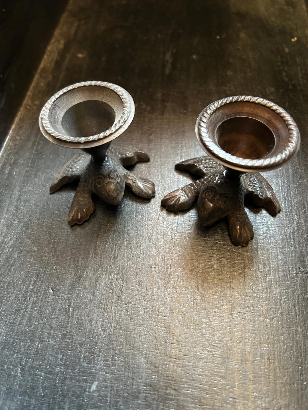 Vintage Cute Bronze Frog Candle Holders Pair - Solid Bronze Frog Sculpture Frog Collectable ...