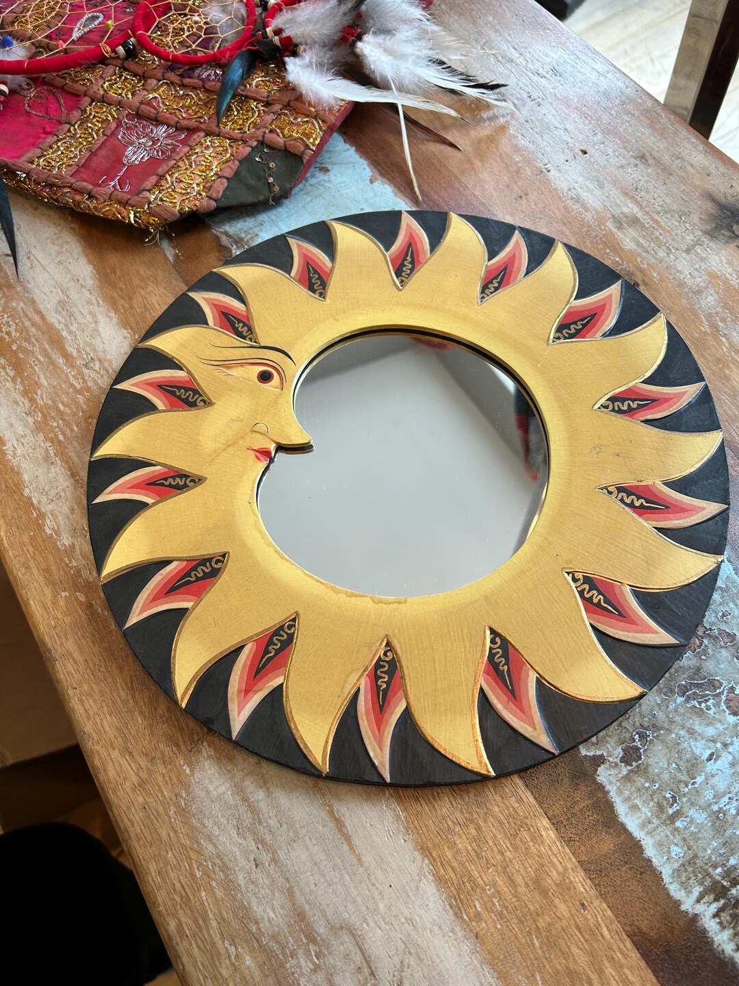 Handmade Wooden Sun & Moon Mirror, Boho Home Decor, 12 Inch - Etsy