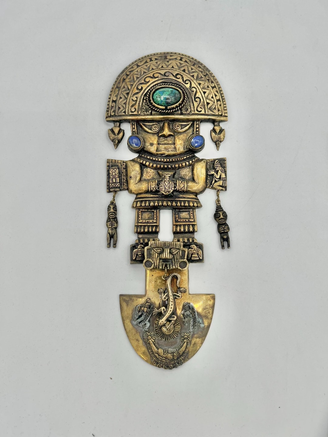 Vintage Peru Inca Sun God Bronze Tumi Ceremonial Knife With Turquoise ...