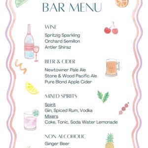 Watercolor Wedding Bar Menu Template: Pastel Garden Party (editable ...