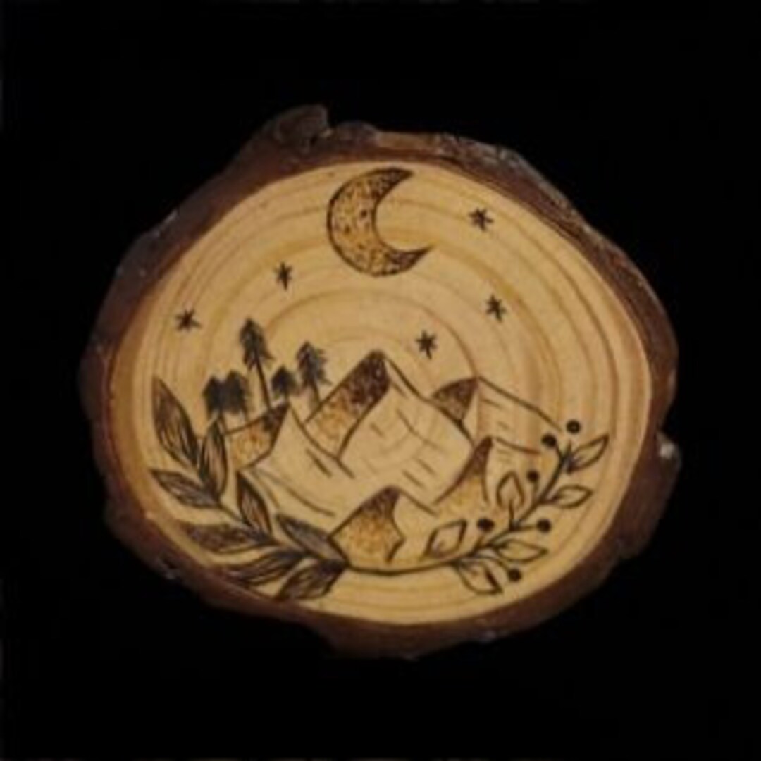Mountains With Half Moon, Magnet, 2.5 Wood Round With Live Edge - Etsy
