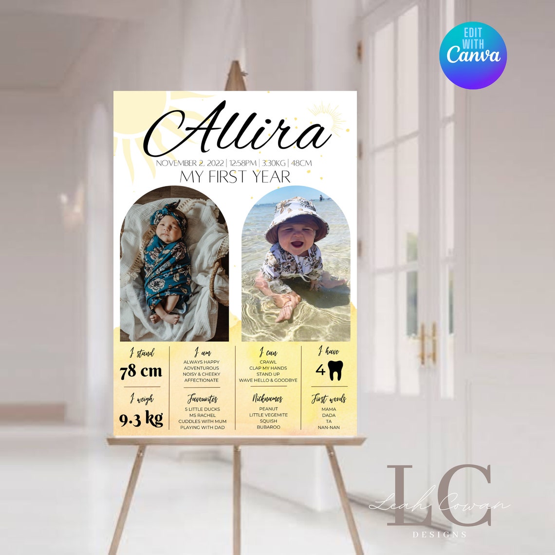 DOUBLE RAY of SUNSHINE Baby First Year Poster Template, 1st Birthday ...