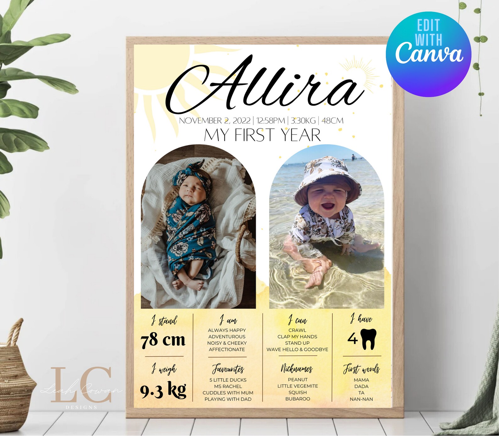 DOUBLE RAY of SUNSHINE Baby First Year Poster Template, 1st Birthday ...