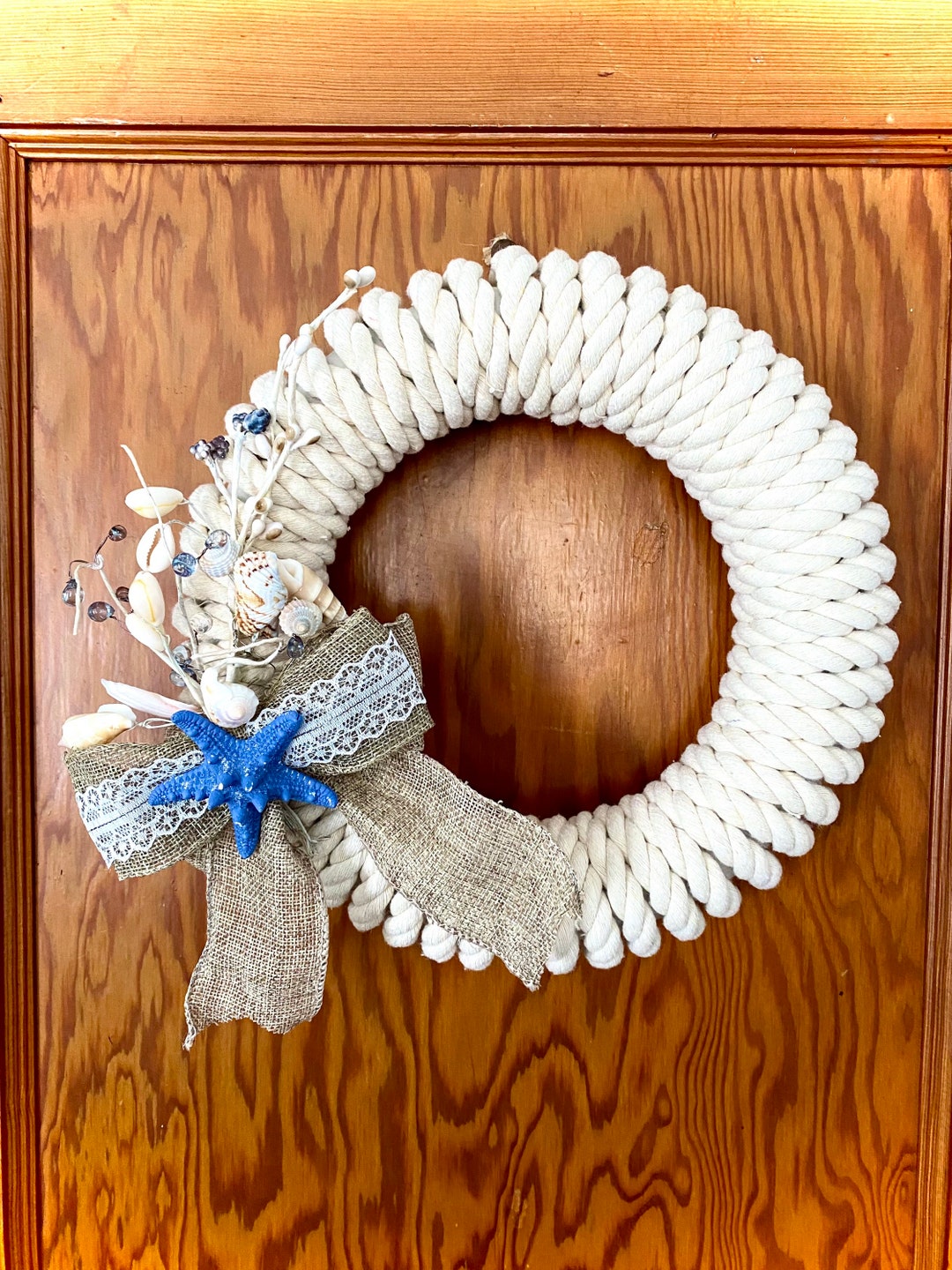 Rope Wreath Nautical Seashell 10" Jute Burlap Bow Lace, Starfish - Etsy
