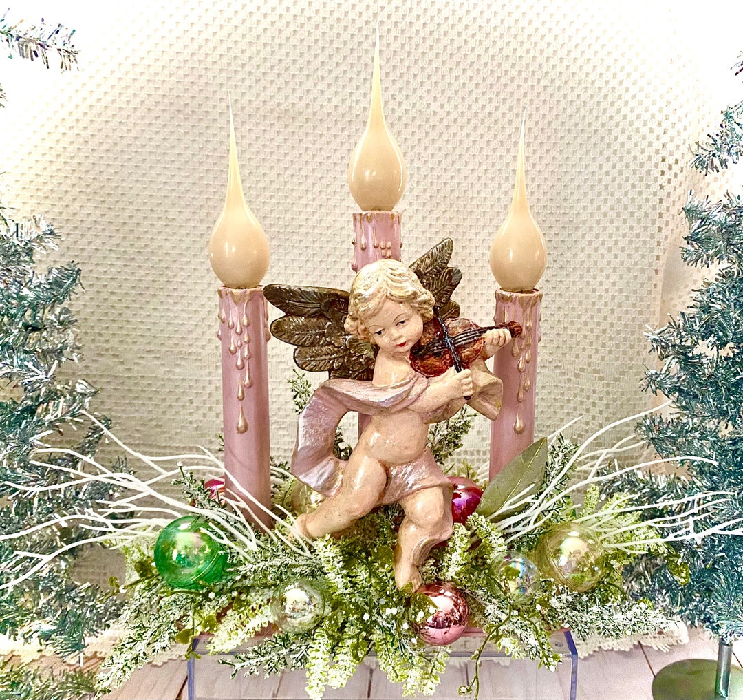 Pink Candelabra Chandlier Angel W/violin 3 Candle Vintage Window ...