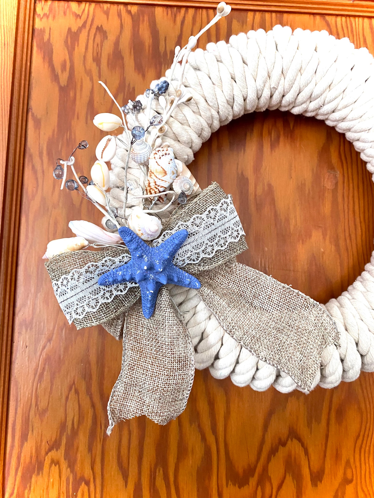Rope Wreath Nautical Seashell 10" Jute Burlap Bow Lace, Starfish - Etsy