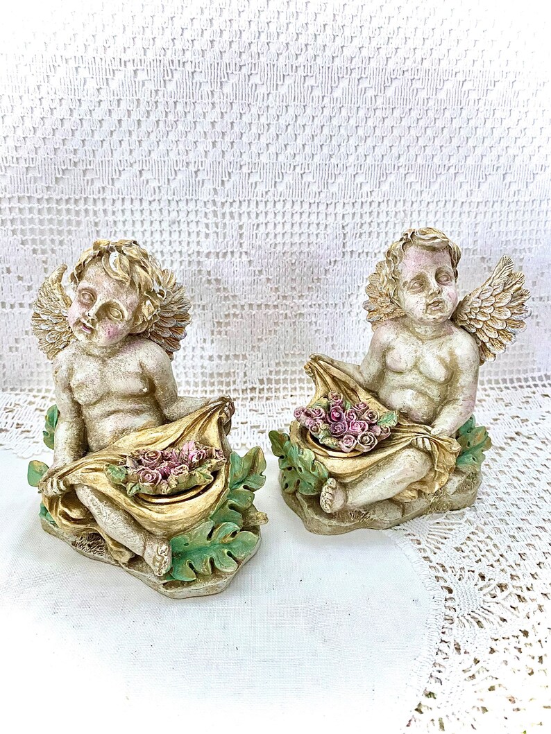 Cherubs Angel Candle Holders With Detachable Bouquets of Roses Resin ...