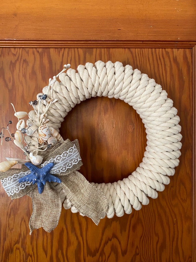 Rope Wreath Nautical Seashell 10" Jute Burlap Bow Lace, Starfish - Etsy