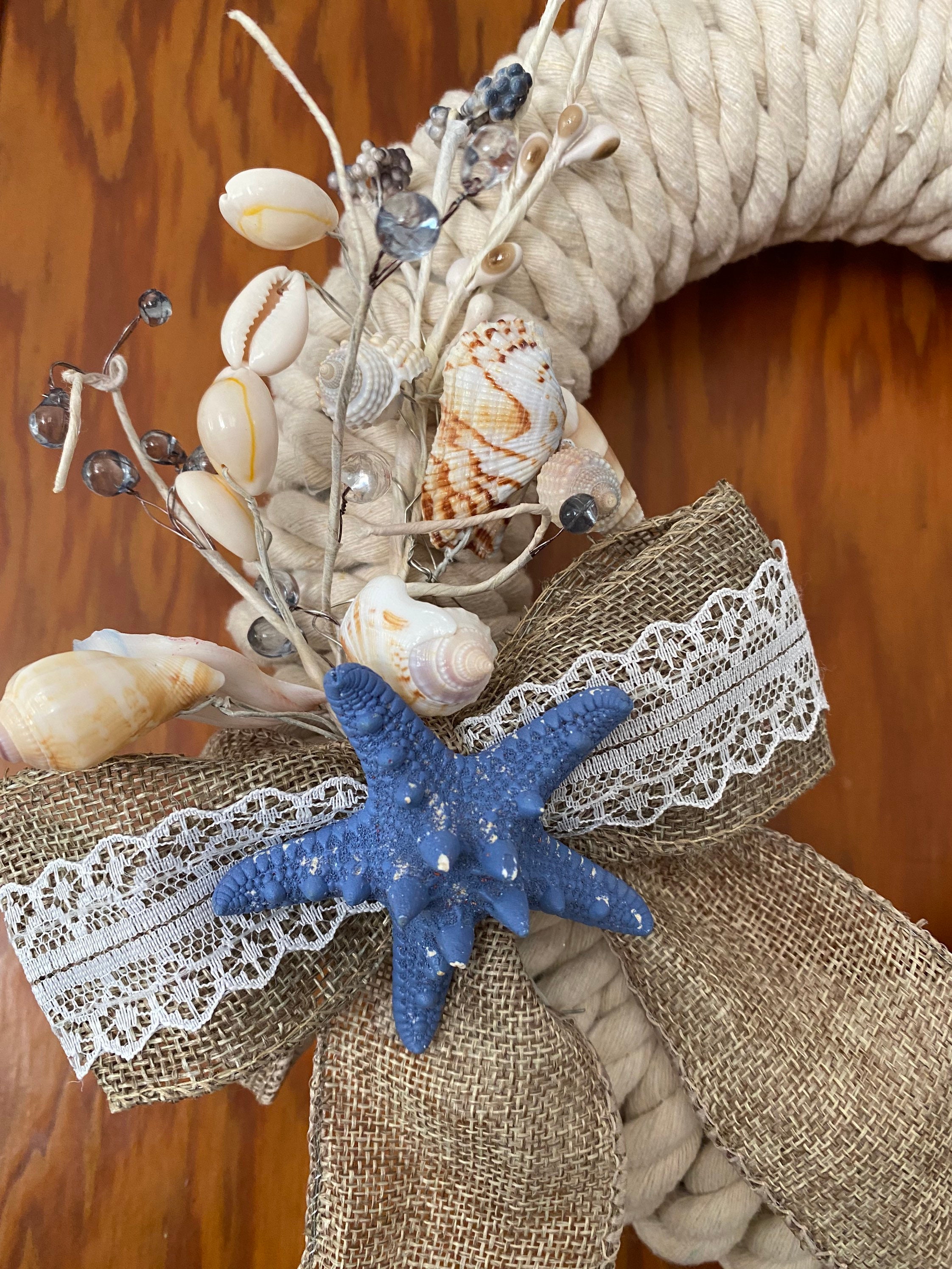 Rope Wreath Nautical Seashell 10" Jute Burlap Bow Lace, Starfish - Etsy