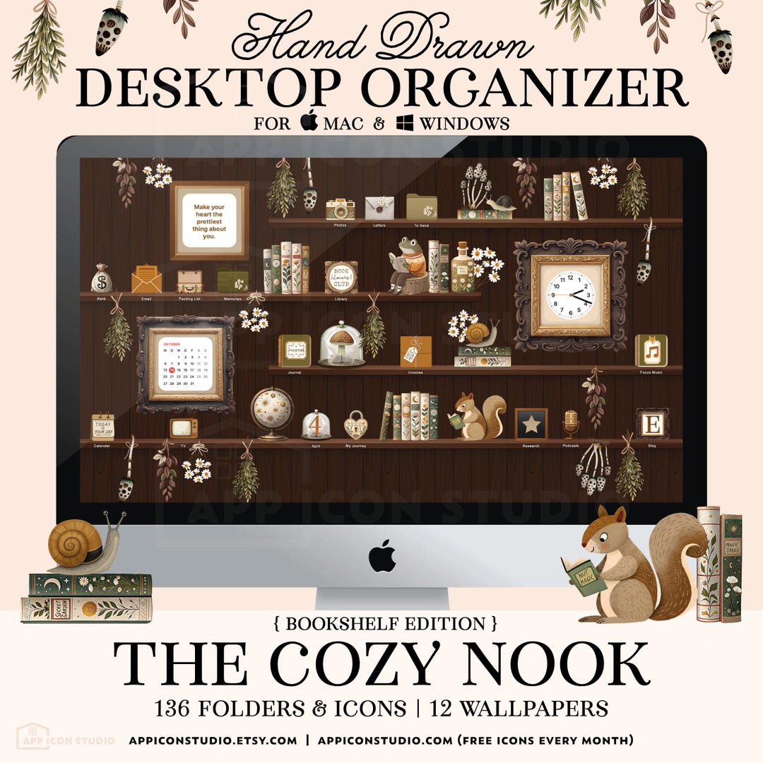 Cozy Bookshelf Desktop Organizer: Mac & Windows Folders, Icons Digital ...