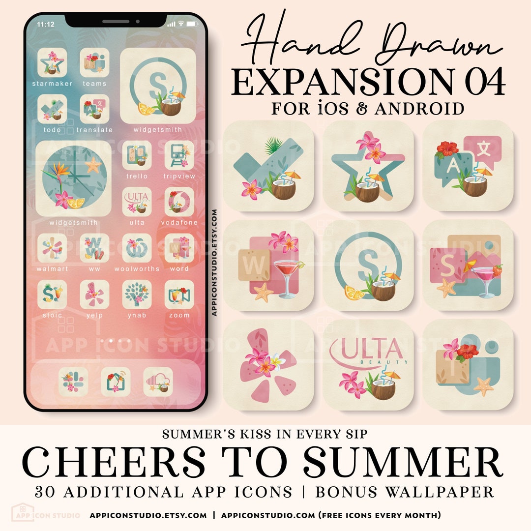 Pink and Blue Ios Icons, Summer App Icon Pack, Cocktail iPhone ...