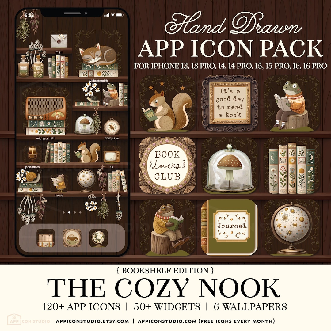 Cozy Bookshelf iPhone Theme: Dark Academia App Icons & Wallpaper (ios ...