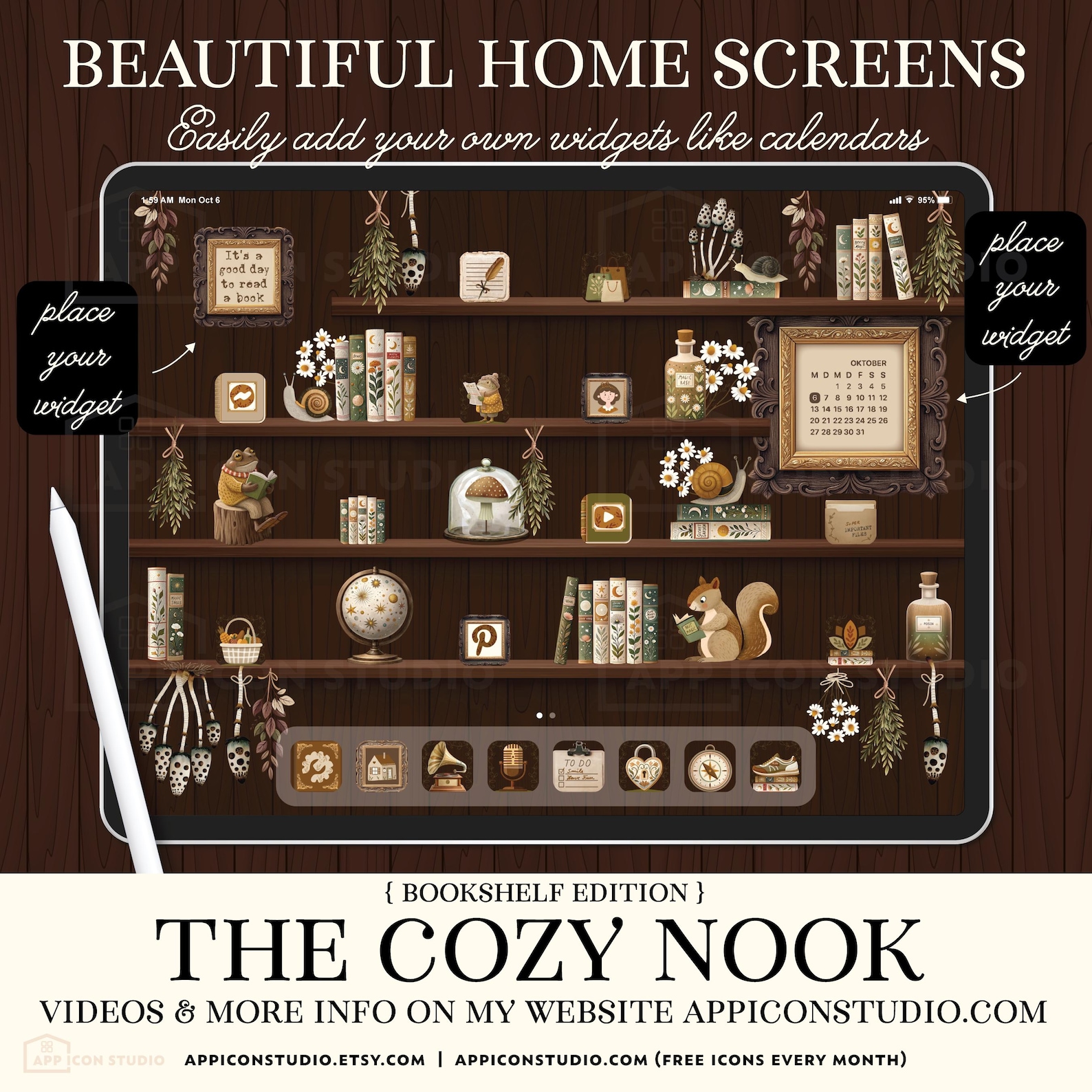 Cozy Bookshelf Wallpaper for iPad Bookshelves Background Book App Icons ...
