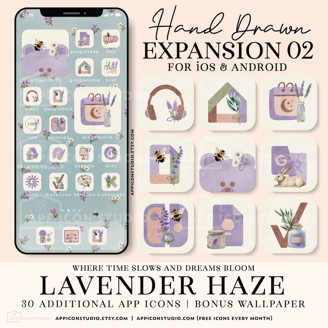 Lavender App Icons for iPhone and Android, Purple and Green Ios Icon ...
