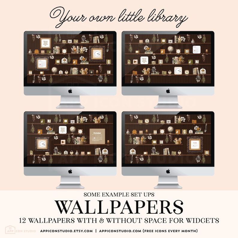 Cozy Bookshelf Desktop Organizer: Mac & Windows Folders, Icons Digital ...