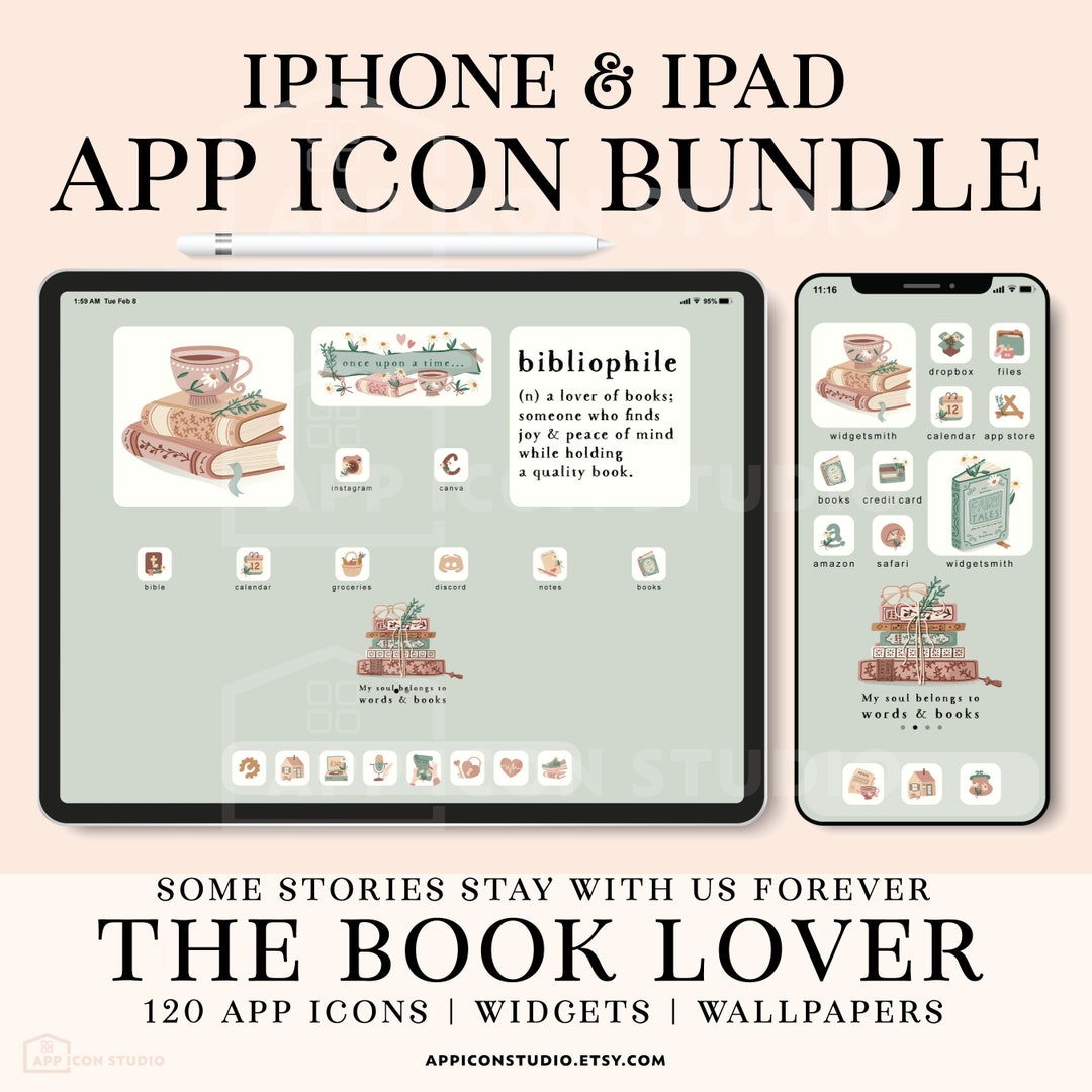 Book Lover App Icon Bundle for iPhone and Ipad, Bookworm Ios Icons Ios ...
