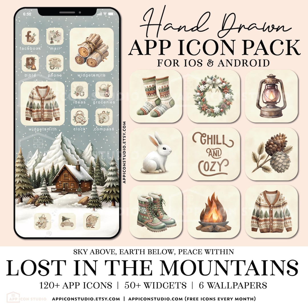 Christmas iPhone Icons Winter App Icons Cozy Mountain Cabin Wallpapers ...