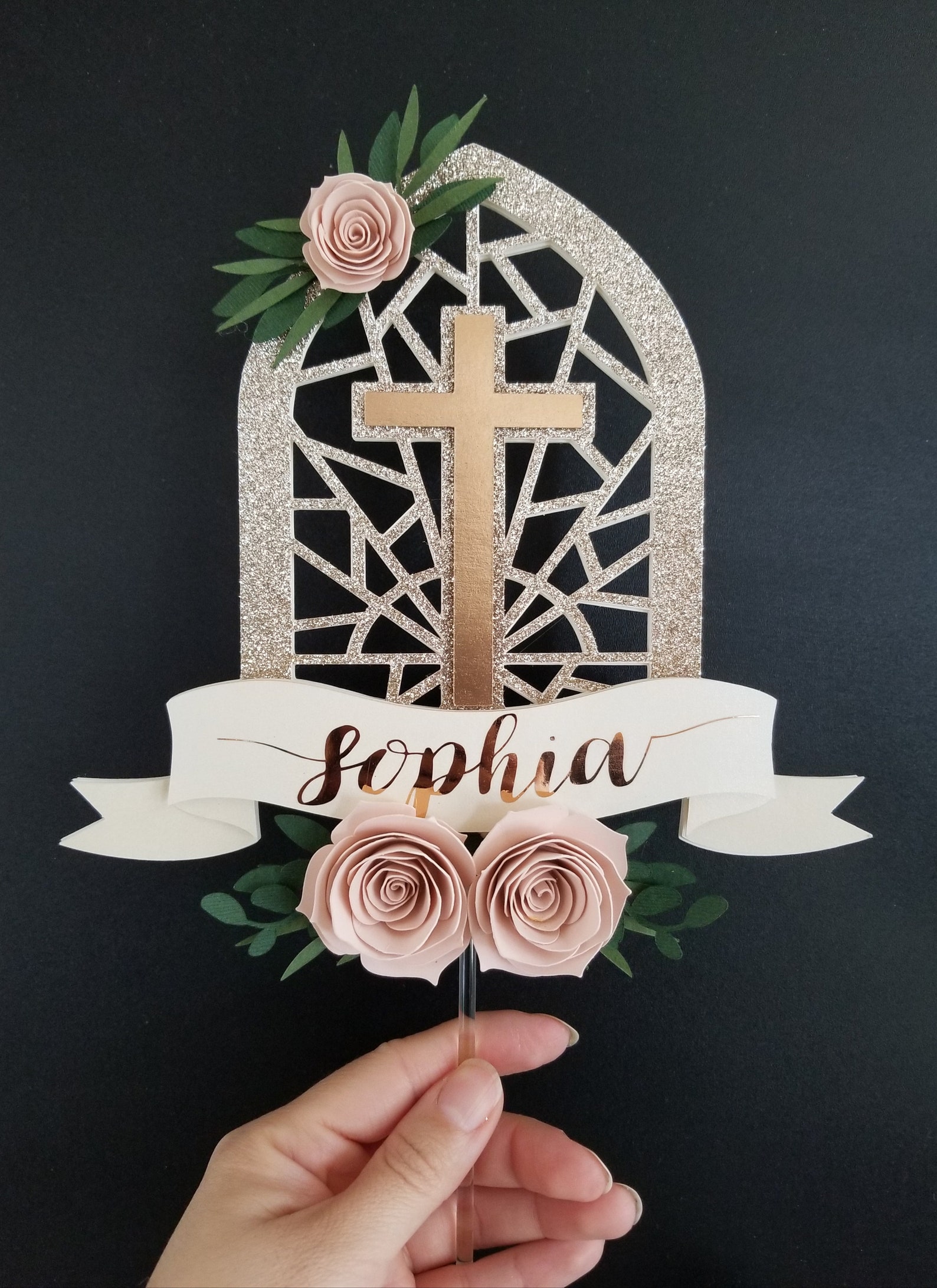 Personalized Baptism Cake Topper, Gold Glitter Window, Rose Accents - Etsy