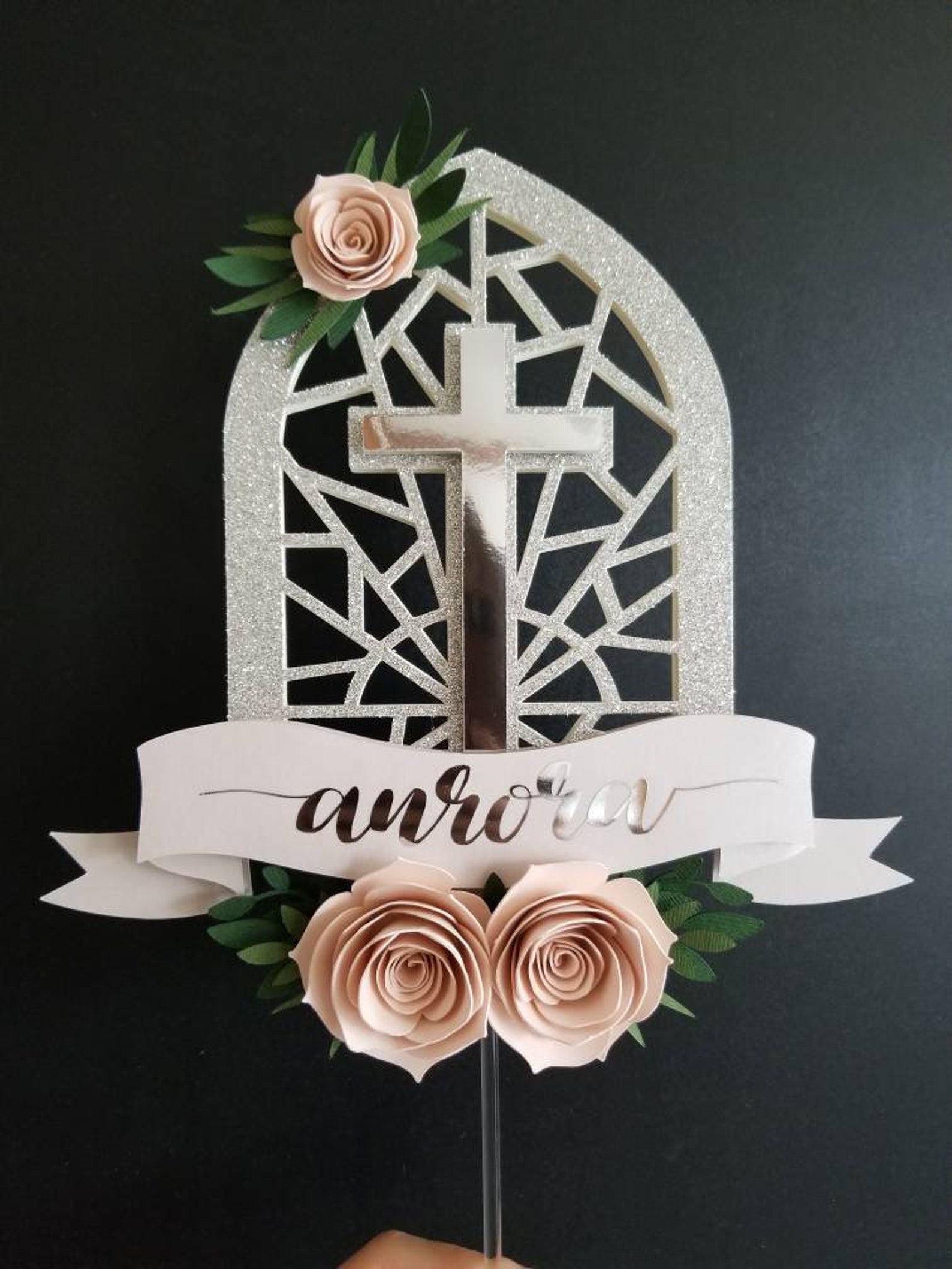 Personalized Baptism Cake Topper, Gold Glitter Window, Rose Accents - Etsy