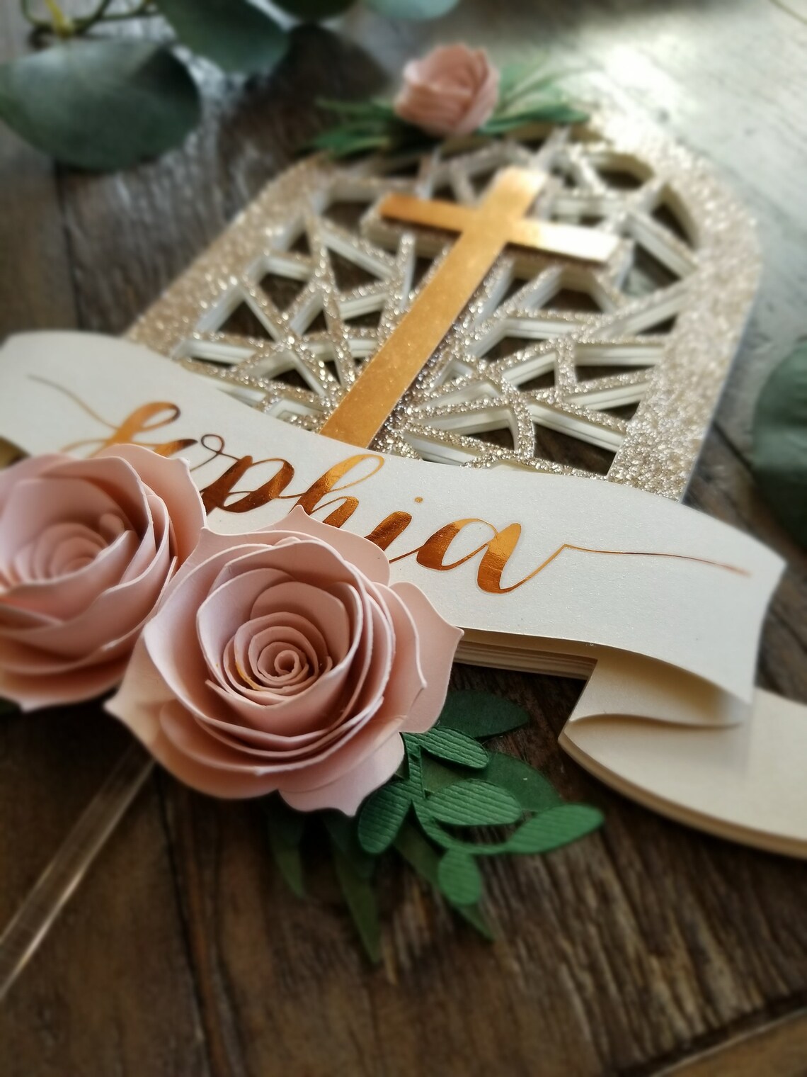 Personalized Baptism Cake Topper, Gold Glitter Window, Rose Accents - Etsy