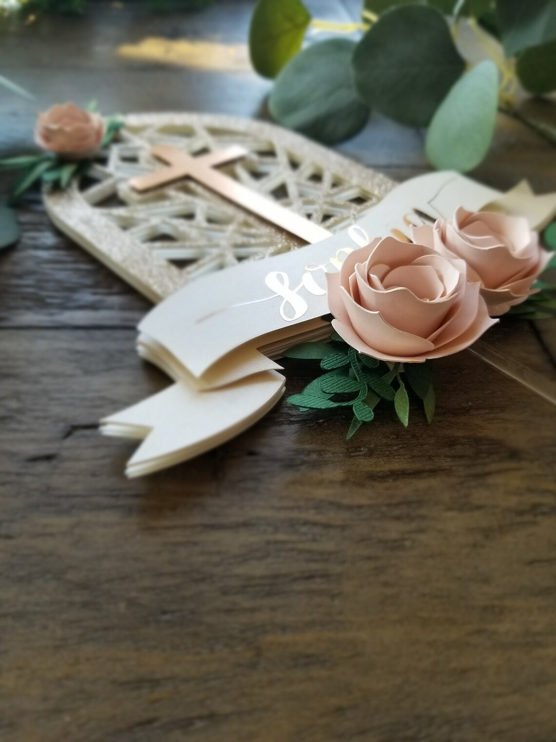 Personalized Baptism Cake Topper, Gold Glitter Window, Rose Accents - Etsy
