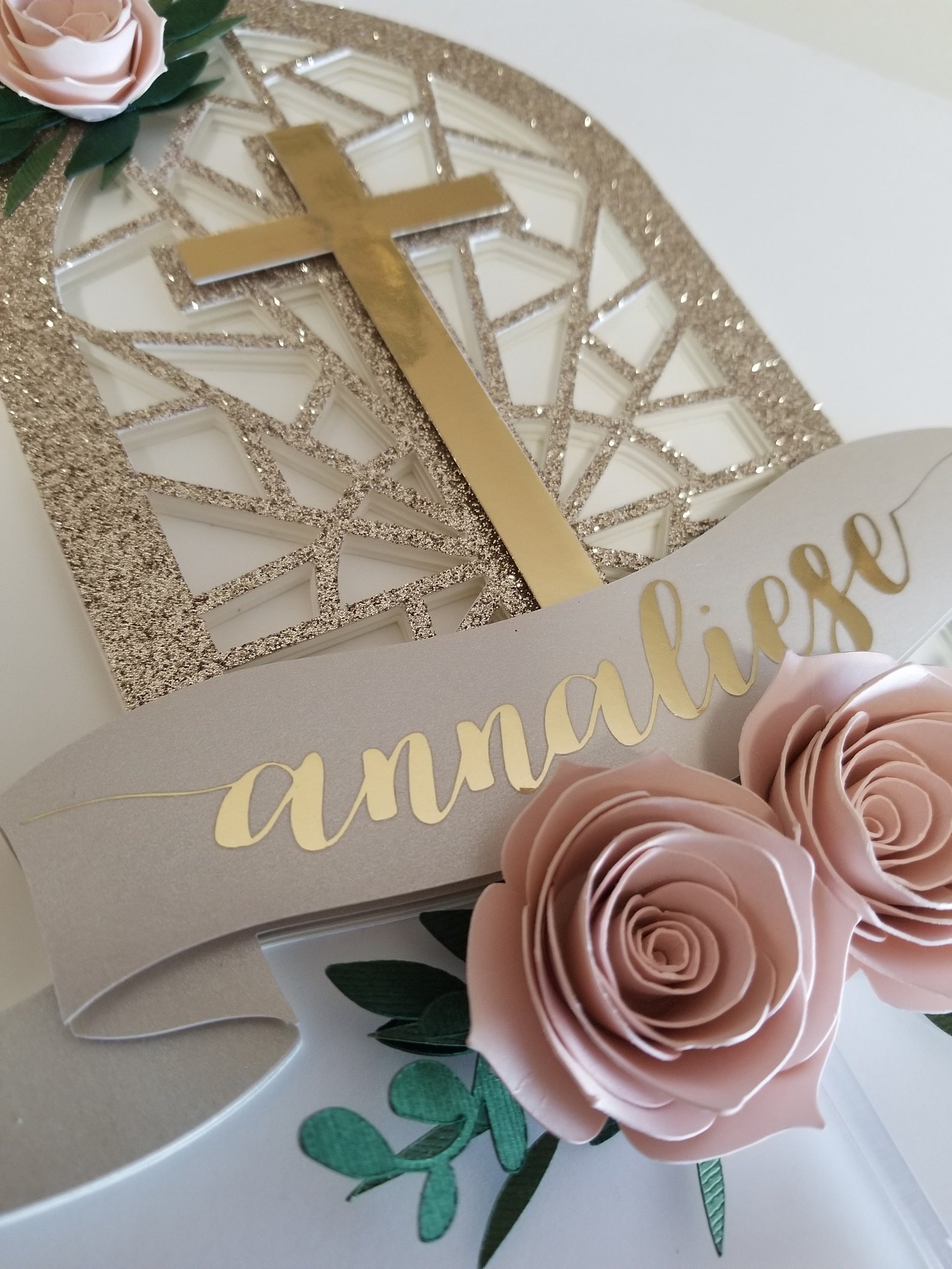 Personalized Baptism Cake Topper, Gold Glitter Window, Rose Accents - Etsy