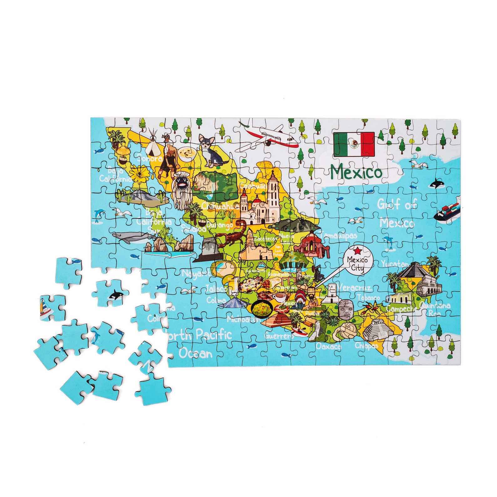 Mexico Map Wooden Jigsaw Puzzle for Children, Illustrated Mexico City ...