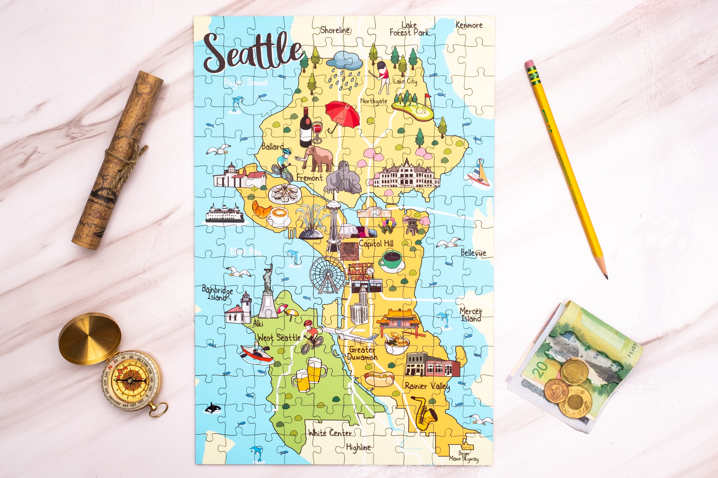 Seattle City Map Wooden Jigsaw Puzzle for Kids, Washington State Puzzle ...