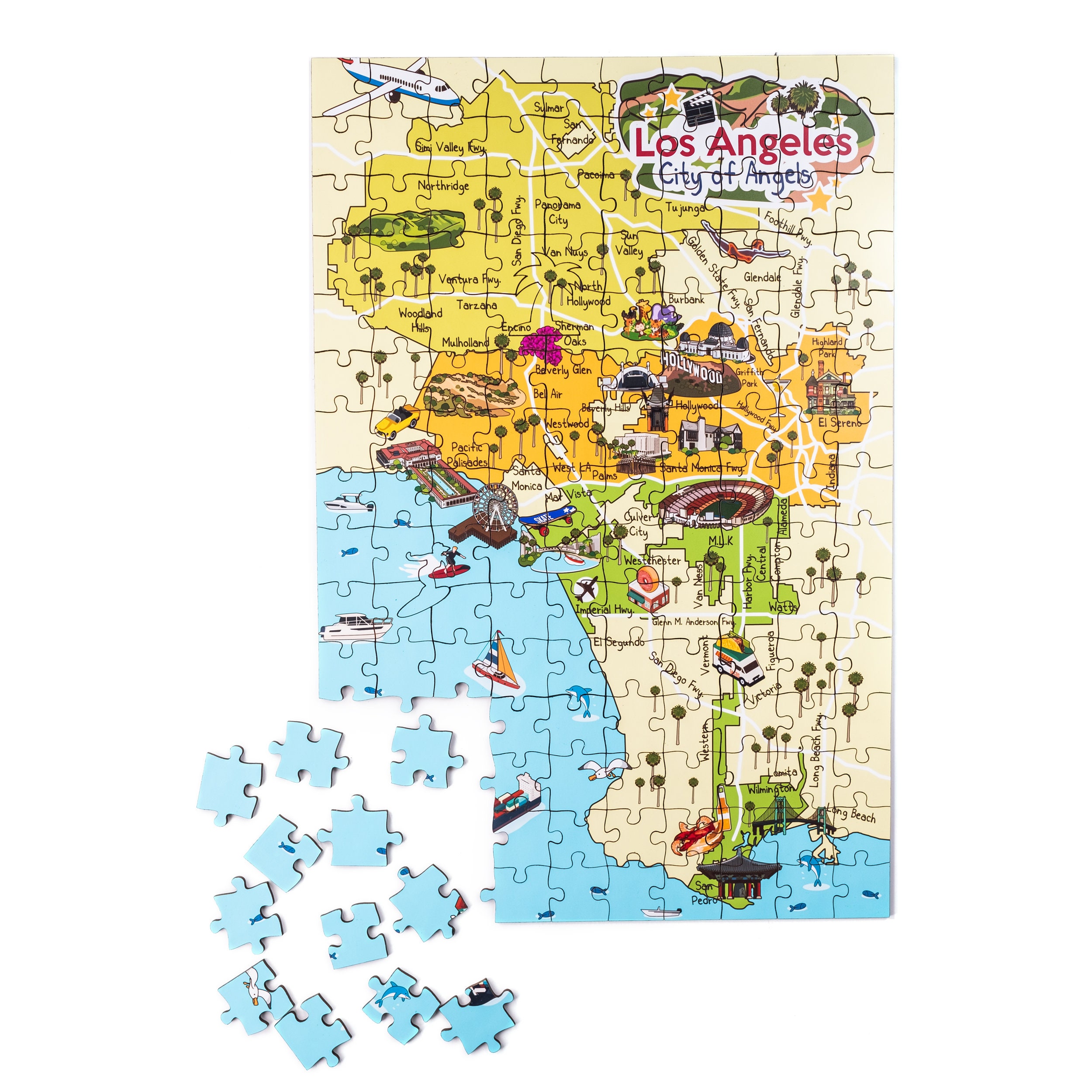 Los Angeles Map Wooden Jigsaw Puzzle for Children, Hollywood City Map ...