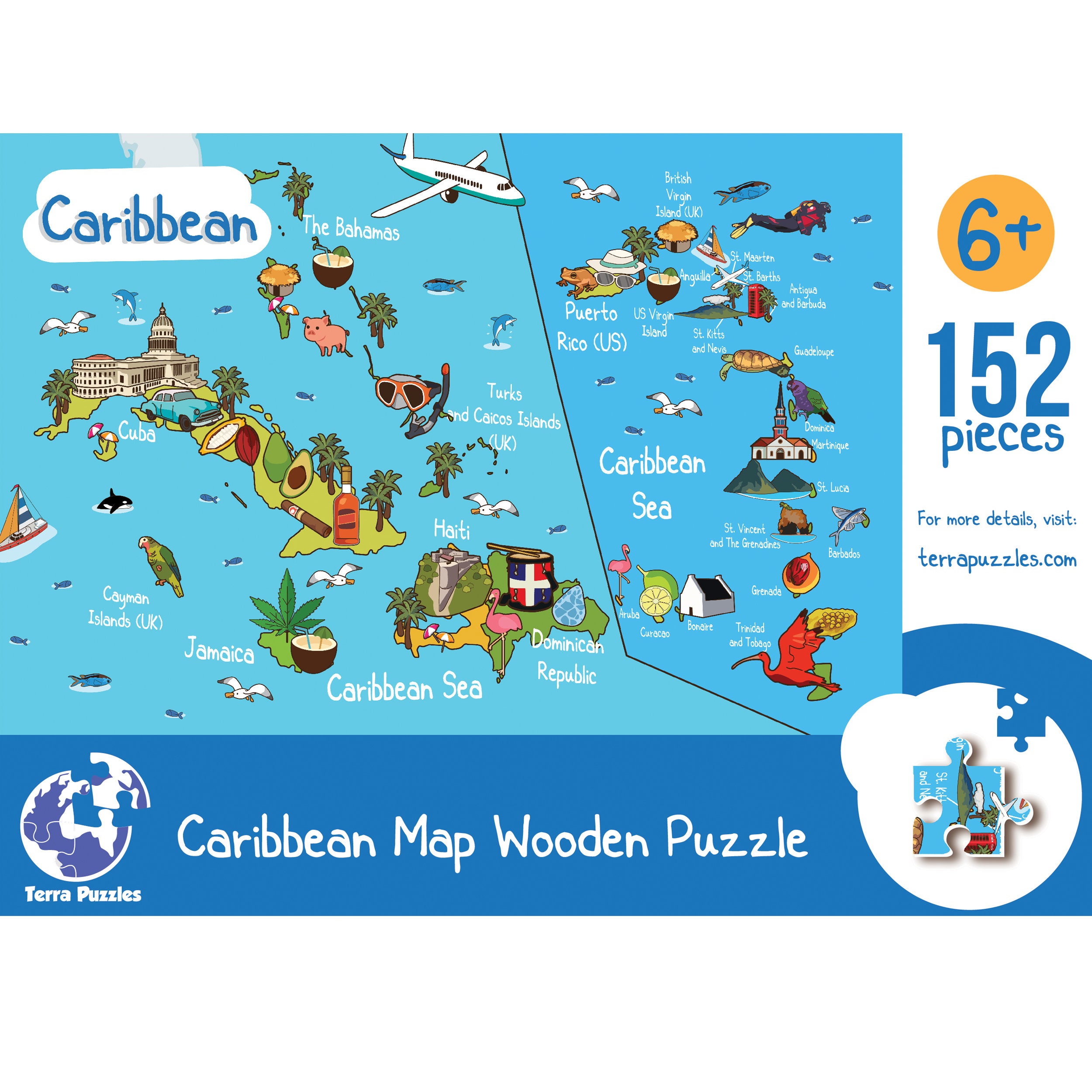 Caribbean Map Wooden Jigsaw Puzzle for Kids and Adults, Educational ...
