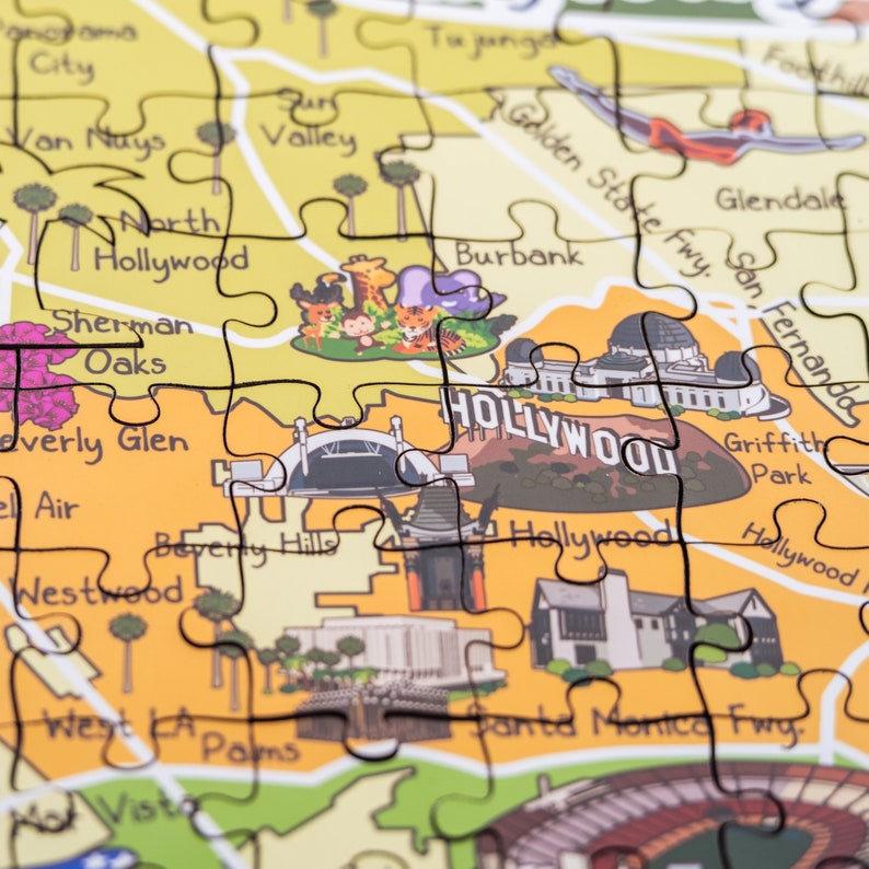 Los Angeles Map Wooden Jigsaw Puzzle for Children, Hollywood City Map ...