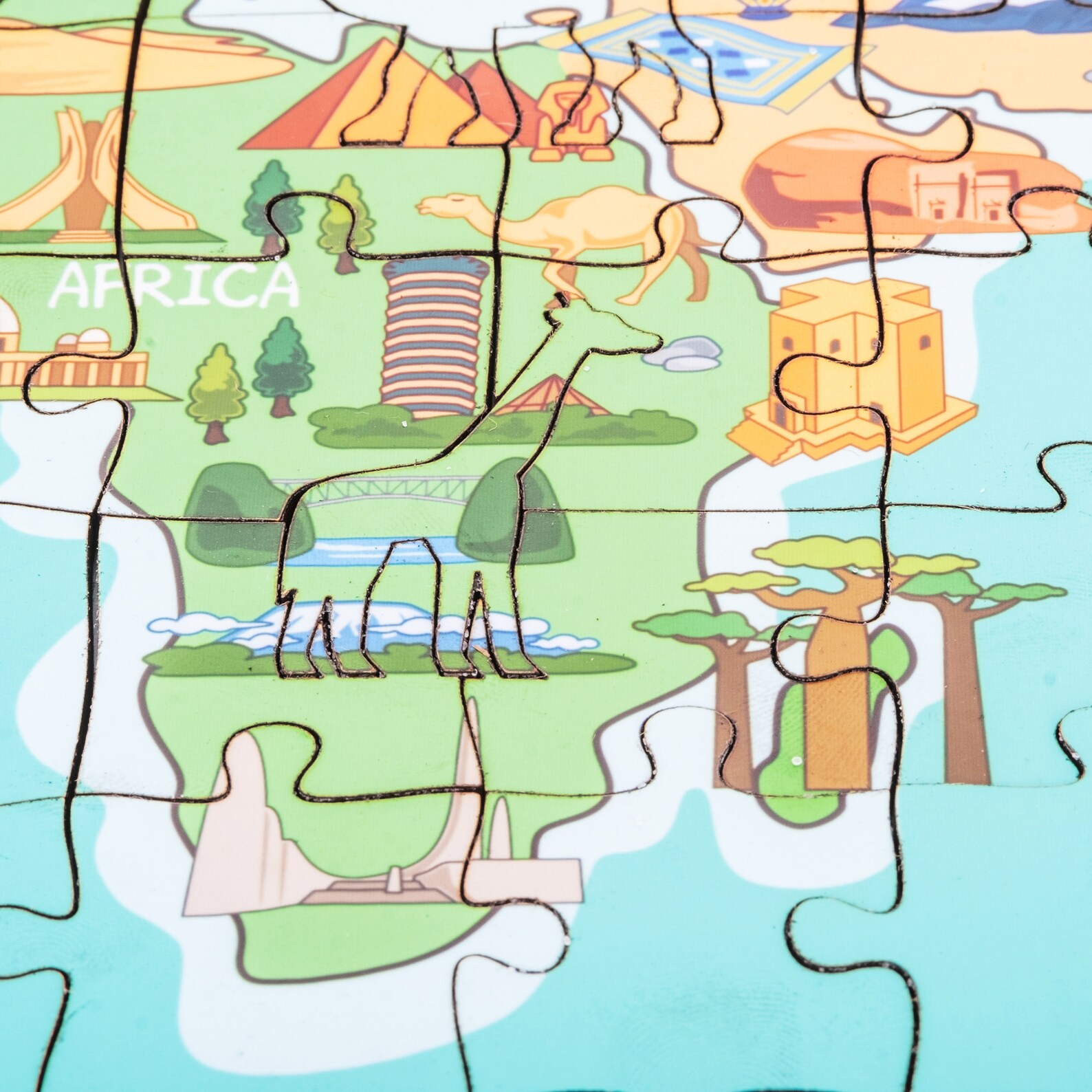 World Map Illustration Wooden Jigsaw Puzzle, Holiday Laser Cut Board ...