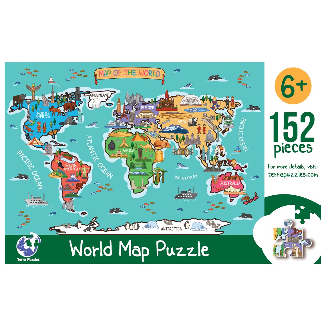 World Map Illustration Wooden Jigsaw Puzzle, Holiday Laser Cut Board ...