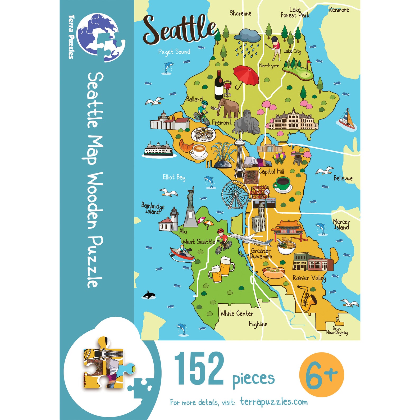 Seattle City Map Wooden Jigsaw Puzzle for Kids, Washington State Puzzle ...